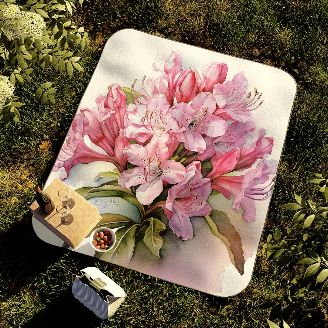 Pink Azalea Picnic Blanket, Rhododendron Picnic Mat, Vintage Floral ...