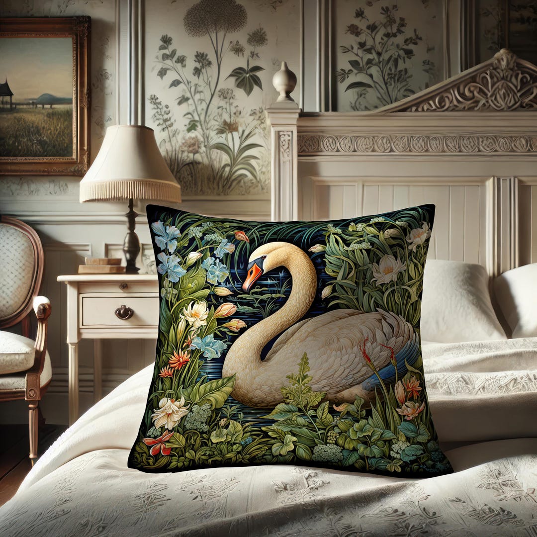 Swan Pillow, William Morris Inspired, Farmcore Cushion, Bohemian ...