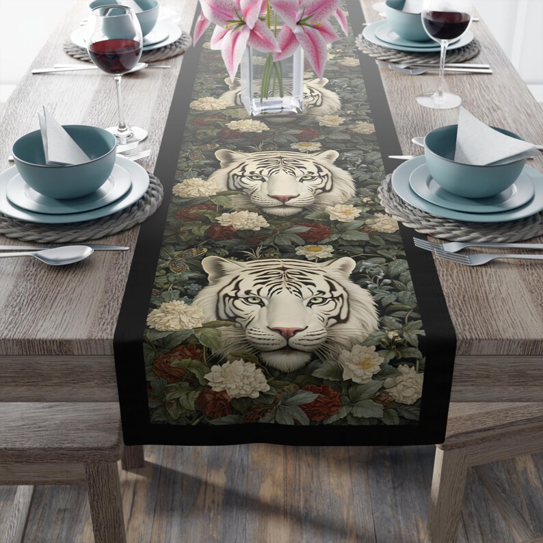 White Tiger Table Runner, William Morris Inspired Bleached Bengal Tiger ...