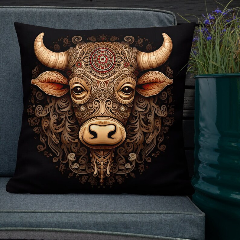 The OX Pillow 1, Chinese Zodiac Decor, Astrology Pillow, Animal Mandala ...