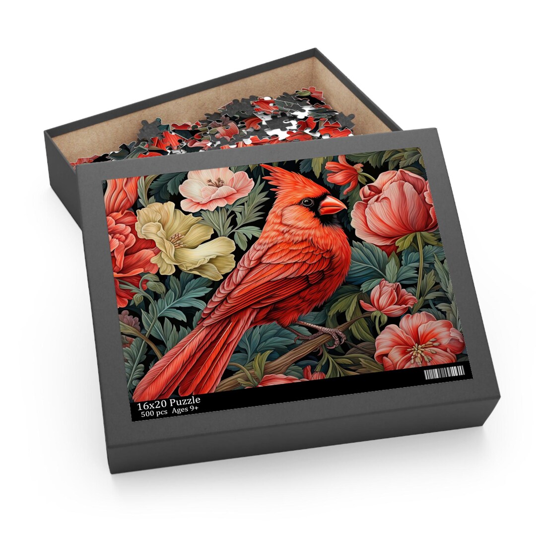 Red Cardinal Jigsaw Puzzle, William Morris Inspired Red Northern Bird ...