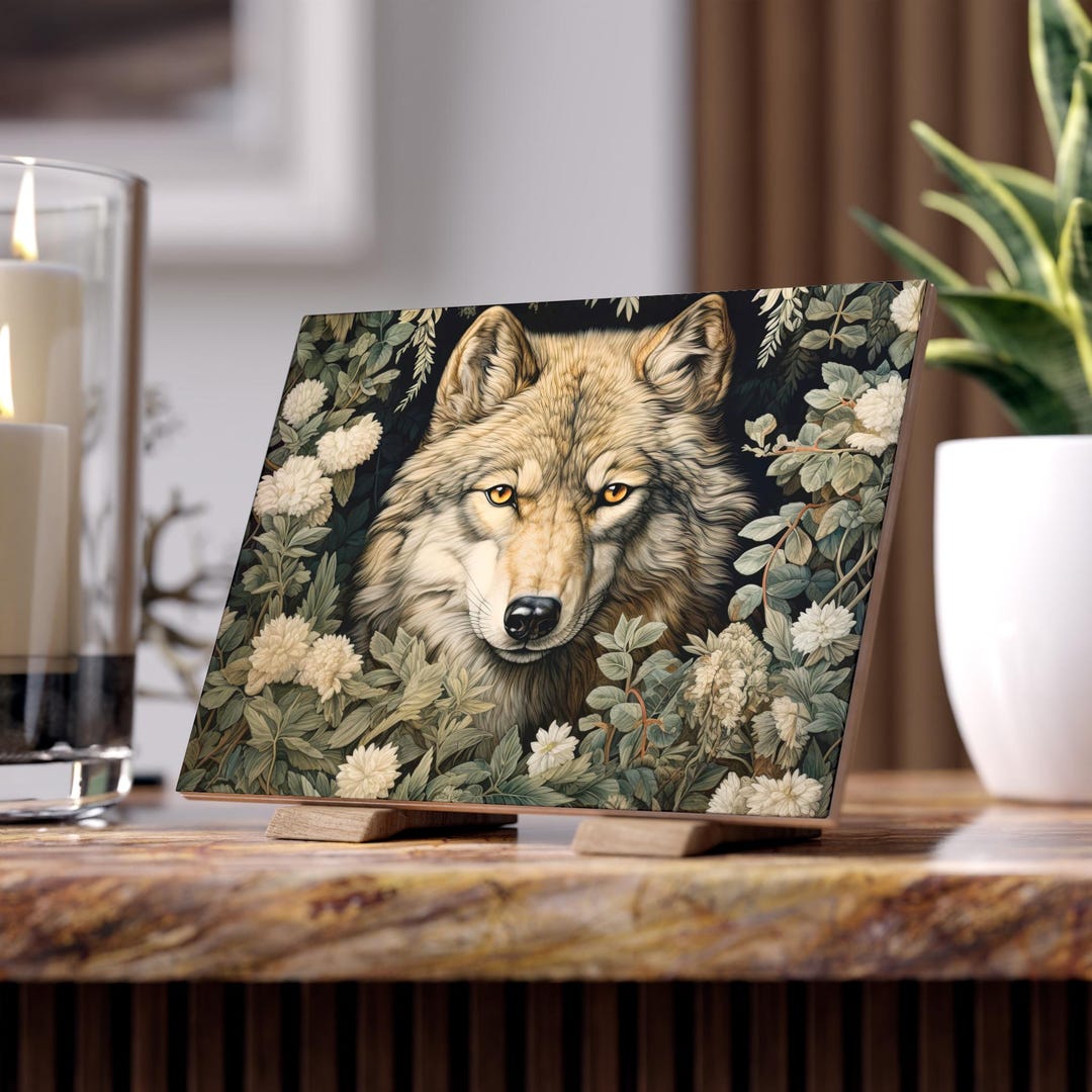 Wolf Ceramic Tile - William Morris Inspired Timber Wolf Tile Mural, Retro Animal Totem Plaque ...