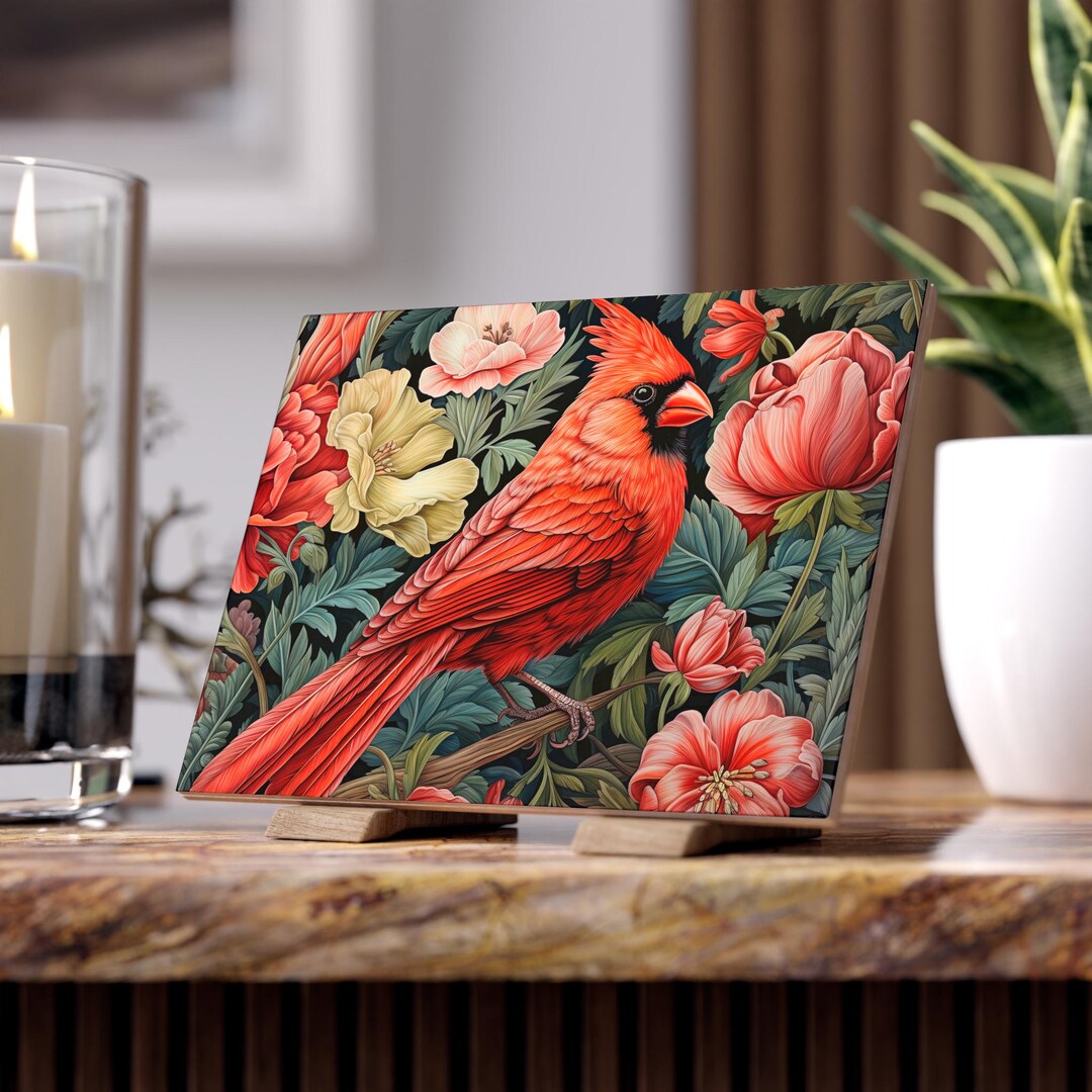 Red Cardinal Ceramic Tile - William Morris Inspired Bird Ceramic Plaque ...