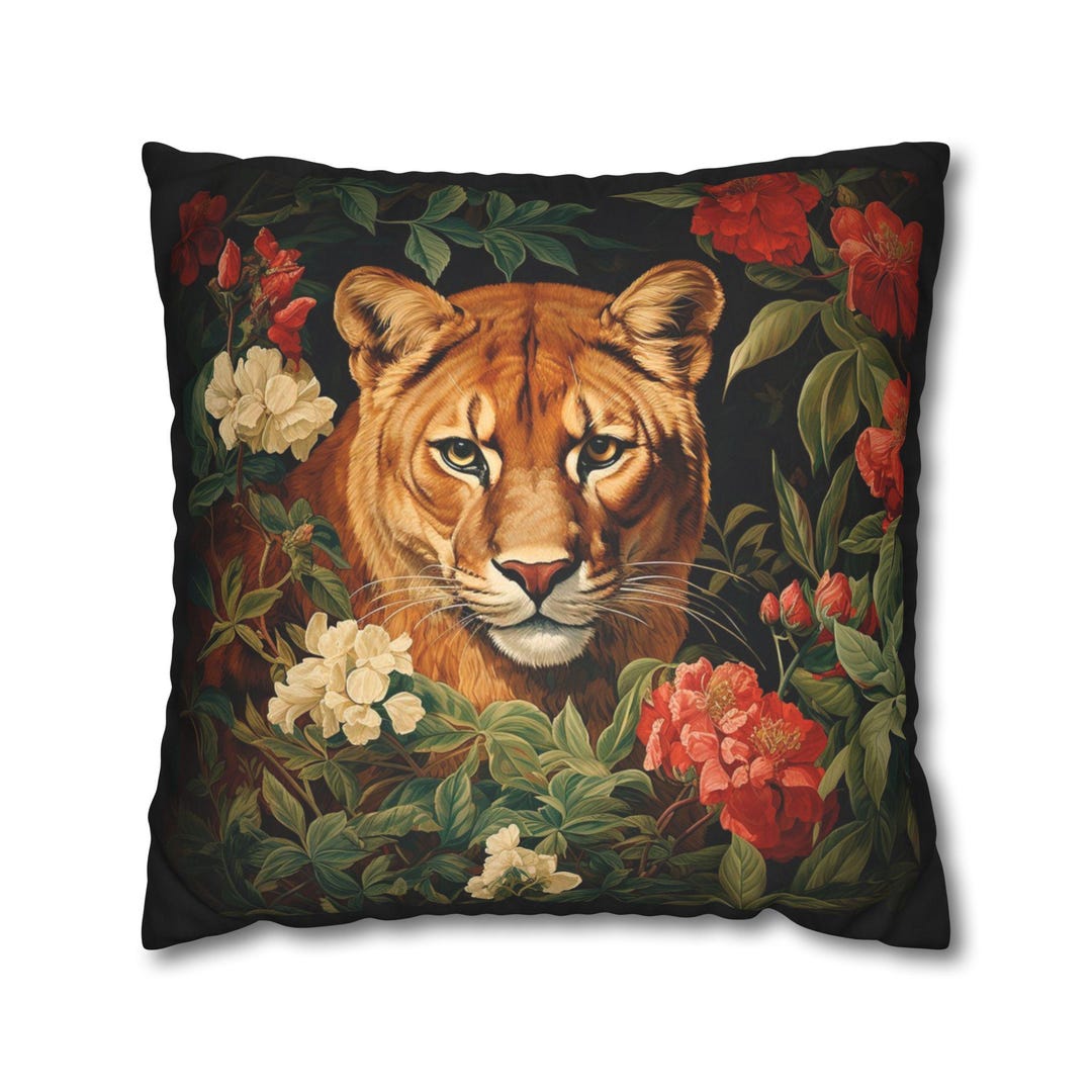 Puma Pillow, William Morris Inspired Cougar, Feline Flowercore Cushion ...