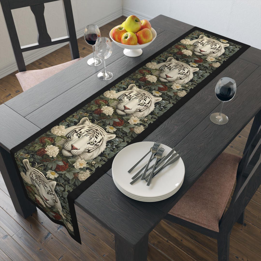 White Tiger Table Runner, William Morris Inspired Bleached Bengal Tiger ...