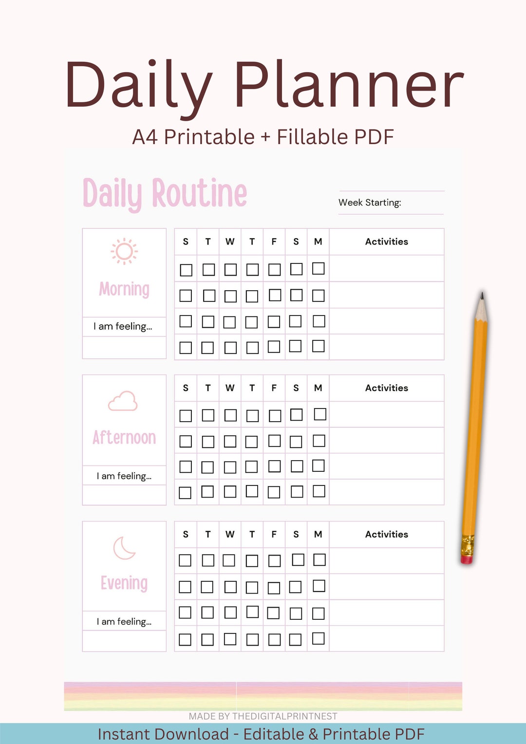ADHD Weekly Checklist Daily Routine Editable PDF 1 Page Weekly Planner ...