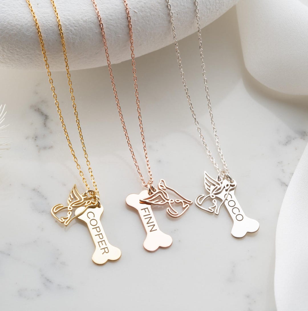 14K Solid Gold Dog Bones, Paw Charm Necklace, Dog Lovers Necklace ...