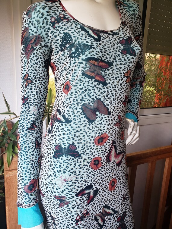 Kenzo Jungle Multicolor knit dress with turquoise butterfly print size L XL