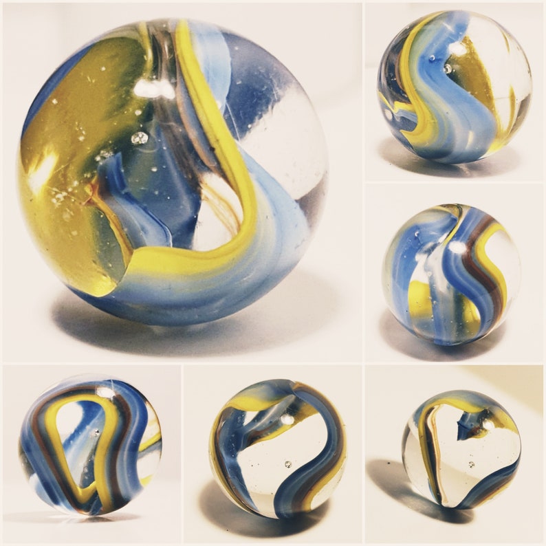 1 Vintage Glass Swirl Marble Yellow Blue and Brown and Red. Pre Loved ...