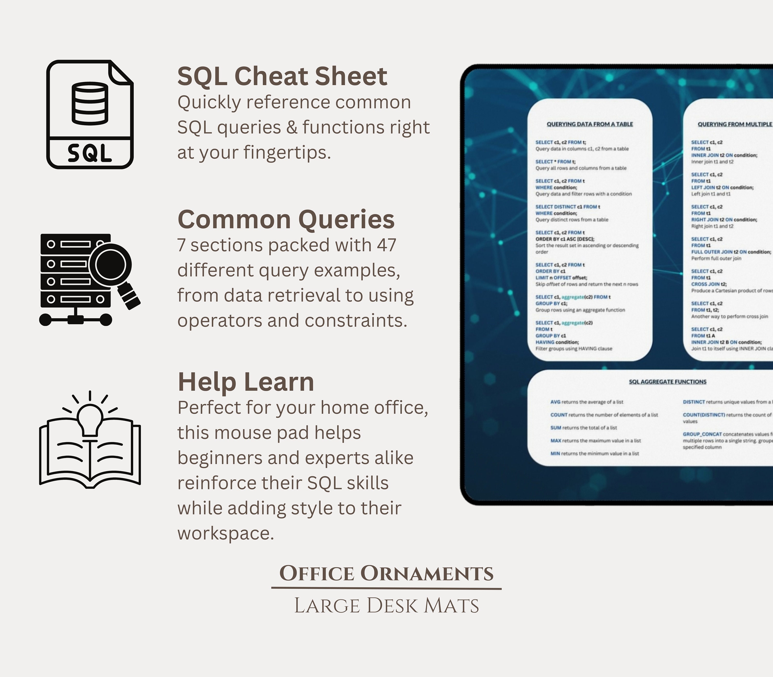 SQL Cheat Sheet Desk Mat Data Analyst Large Mousepad Artistic Aesthetic ...