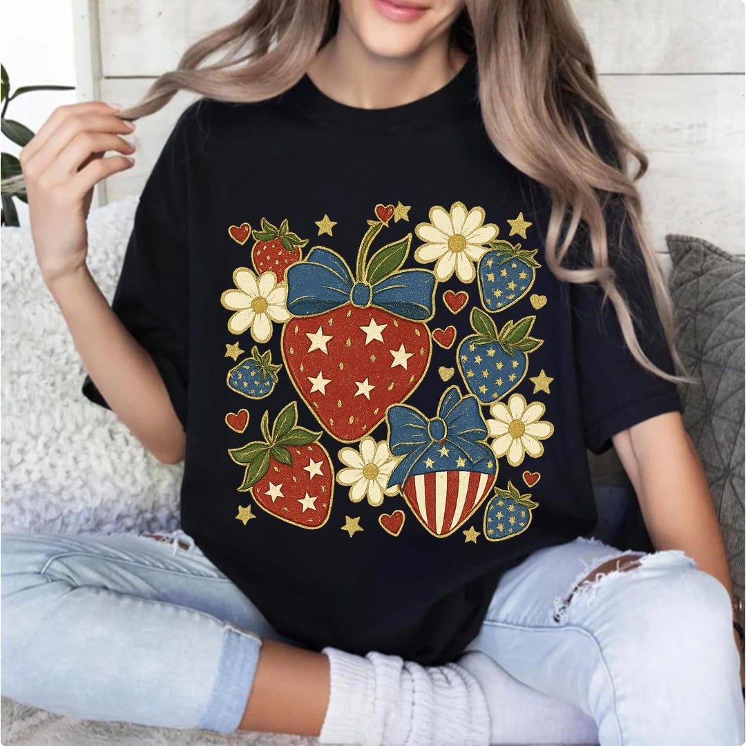 Boho 4th of July Strawberry PNG, Patriotic Bow Sublimation Design ...