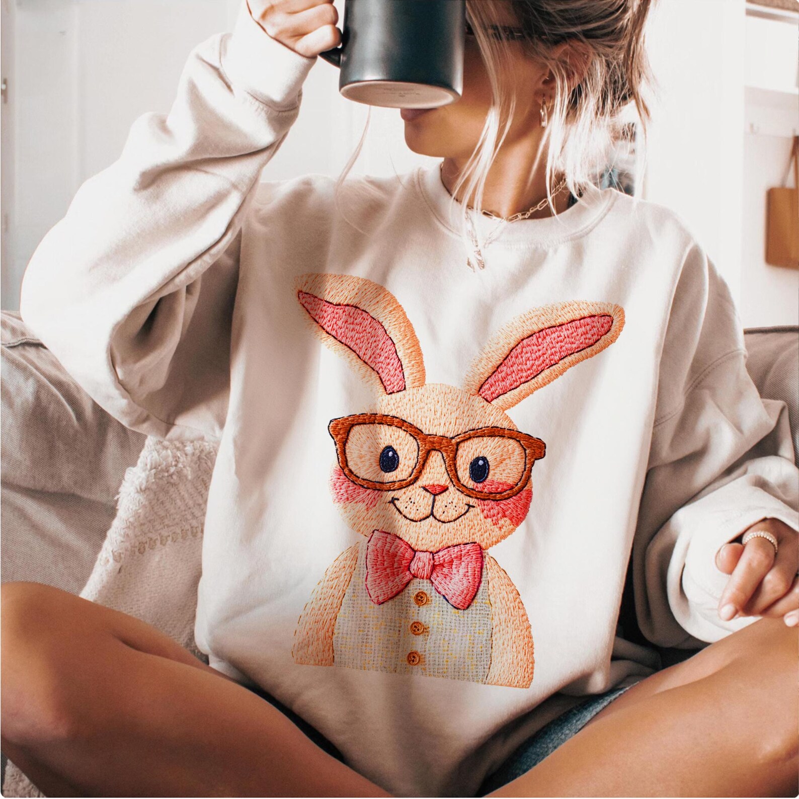Easter Bunny PNG, Faux Embroidery Png, Retro Happy Easter PNG, Cute ...