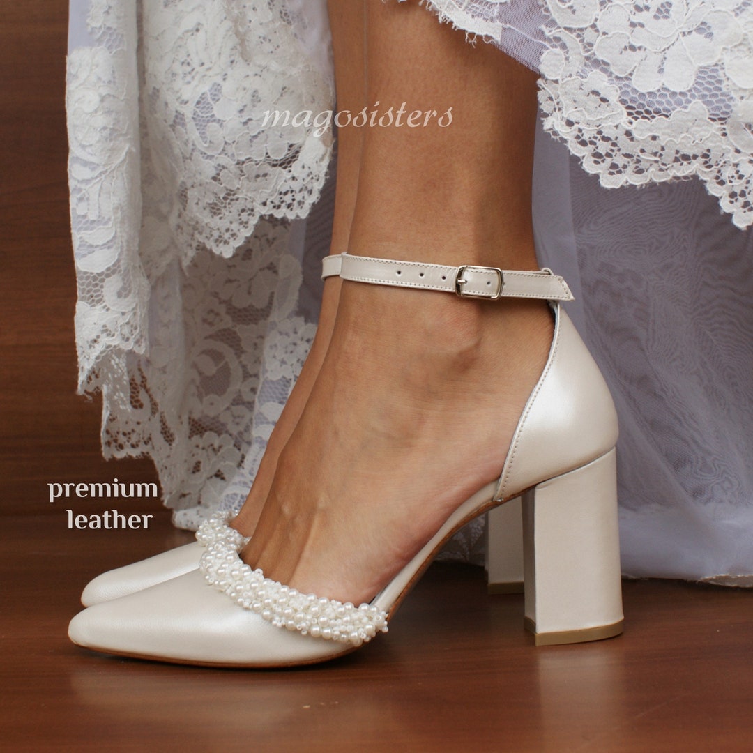Women's Bridal Block Heels/ Handmade IVORY Leather Heels/ Wedding Shoes ...