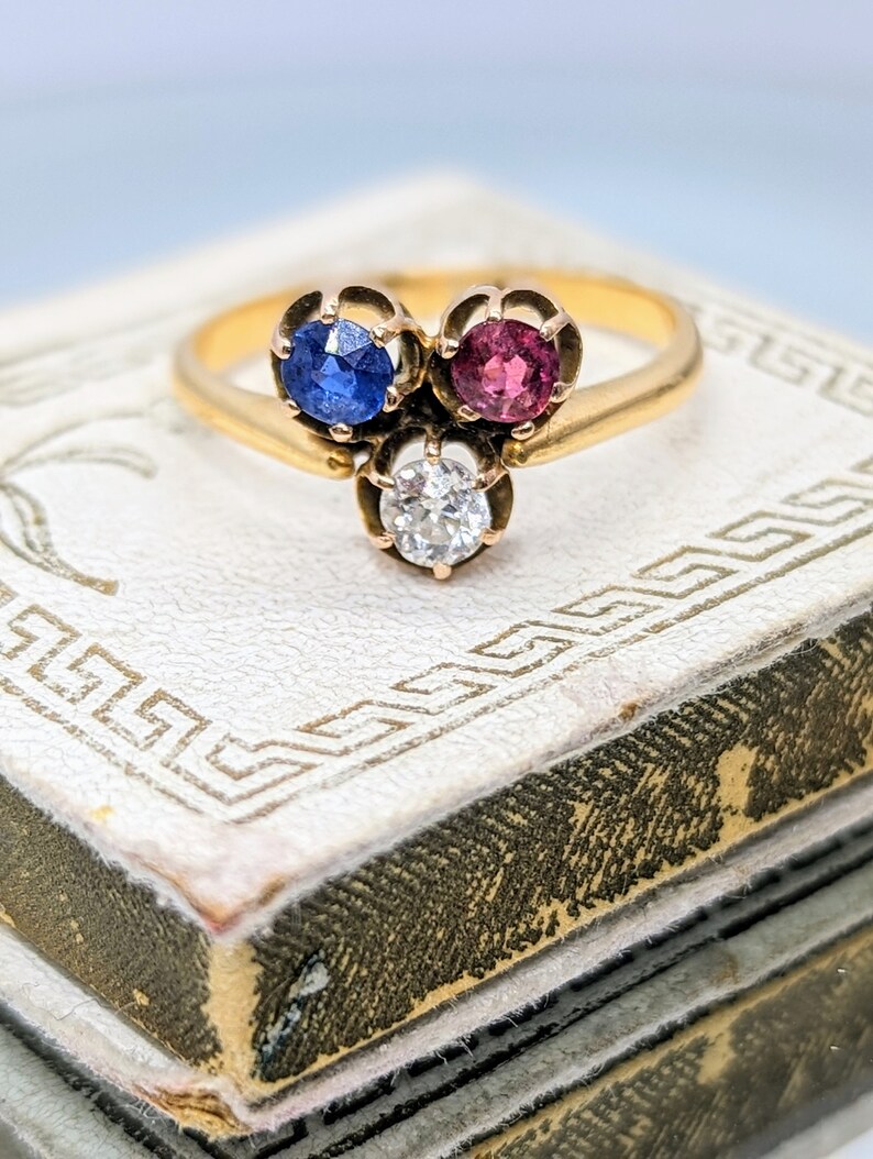 Edwardian 18ct Gold Trefoil Ring: Diamond, Ruby, Sapphire Antique ...