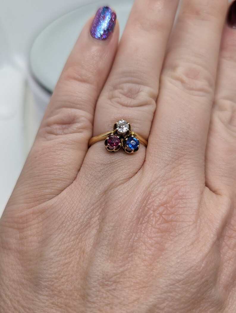 Edwardian 18ct Gold Trefoil Ring: Diamond, Ruby, Sapphire Antique ...