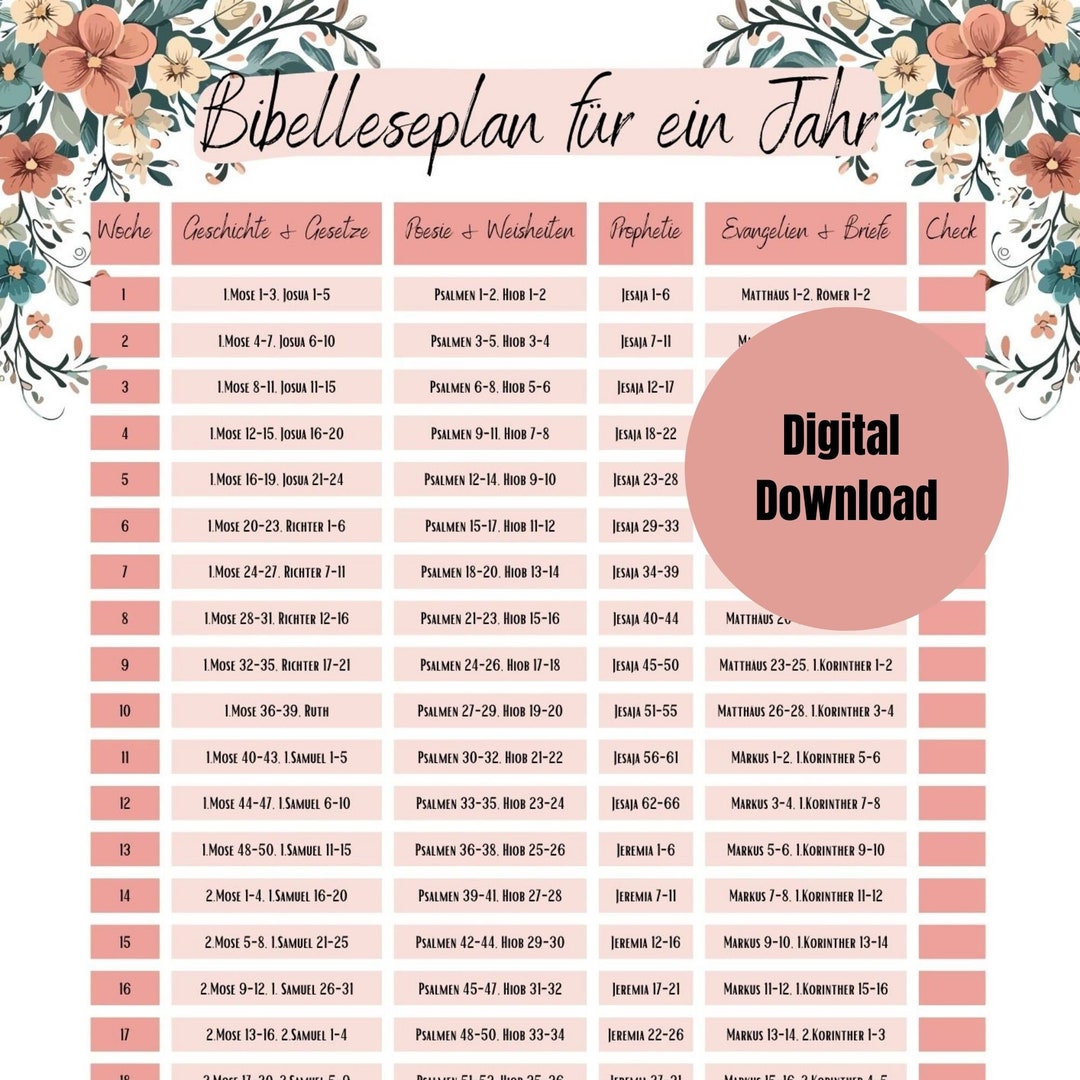 Bibelleseplan Für Ein Jahr in Deutsch Digitaler Download DIN A4 A5 Ausdruckbar Stille Zeit ...