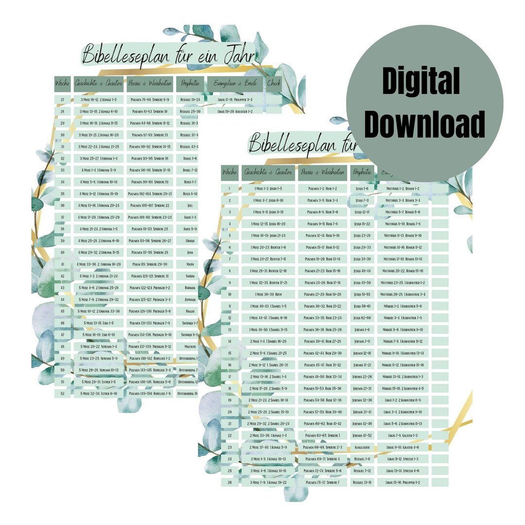 Ausdruckbarer Bibelleseplan Für Ein Jahr in Deutsch Digitaler Download DIN A4 A5 Bibel ...