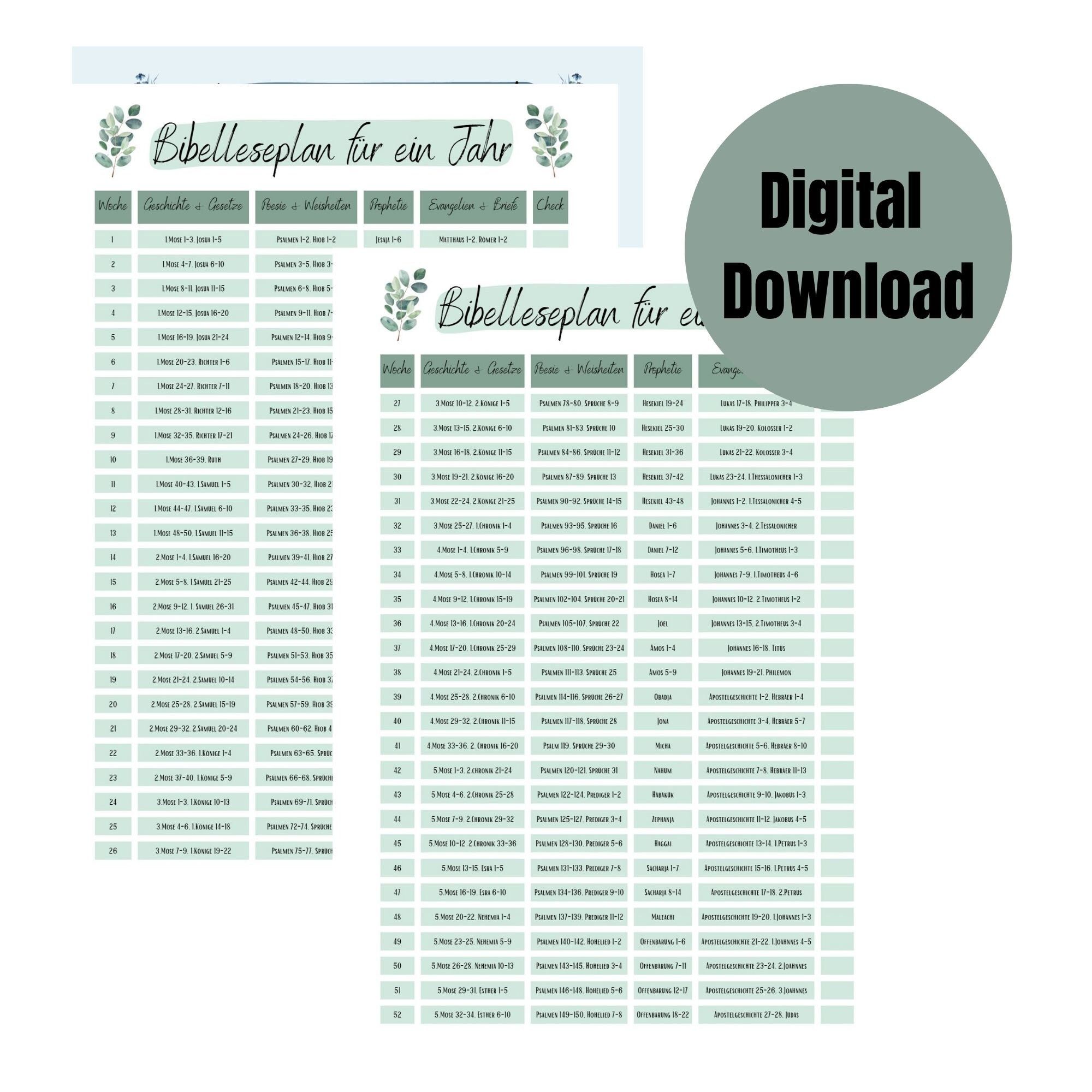 Bibelleseplan für ein Jahr in Deutsch | Digitaler Download | DIN A4 ...