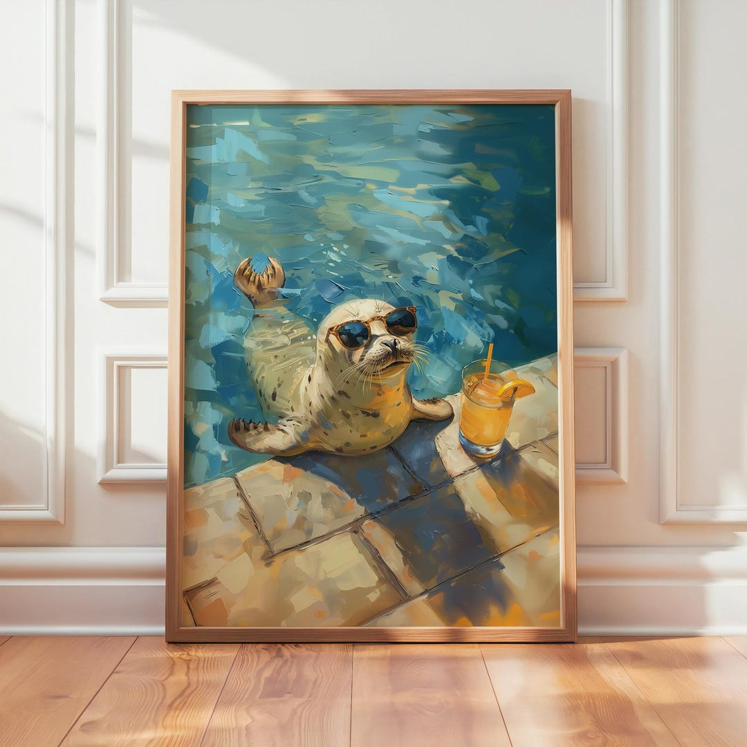 Seal Art Print, Seal With Sunglasses and Cocktail, Vertical Poolside ...