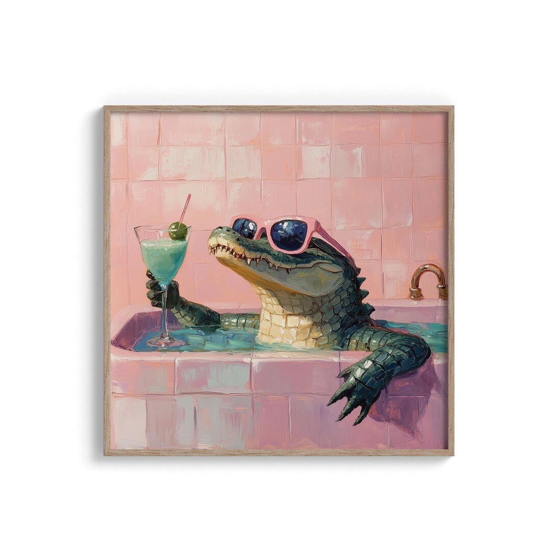 Alligator in Bathtub Digital Art Print, Funny Crocodile With Cocktail ...