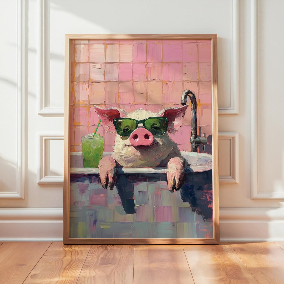 Pig in Bathtub Digital Art Print, Farm Animal With Cocktail Poster ...