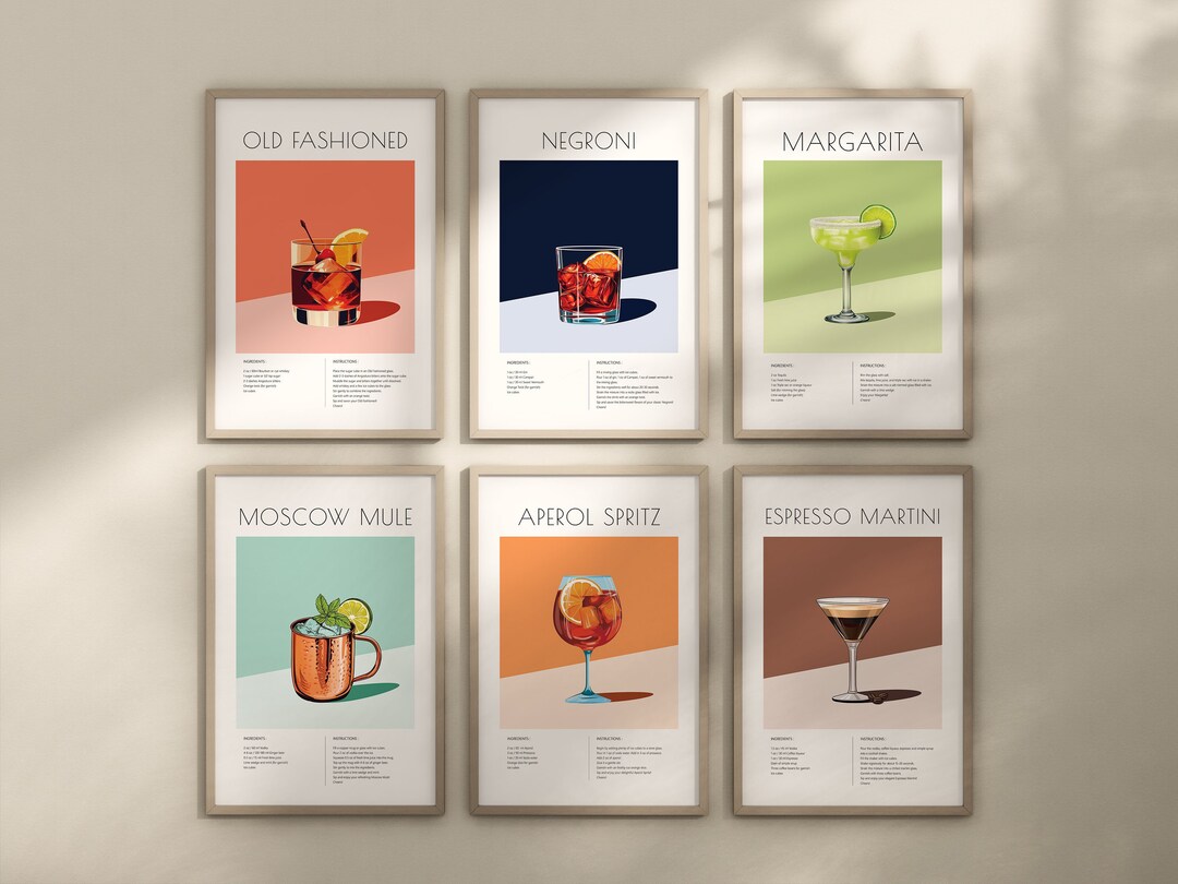 Cocktail Prints, Set of 6 Posters, Cocktail Decor, Bar Cart Decor ...