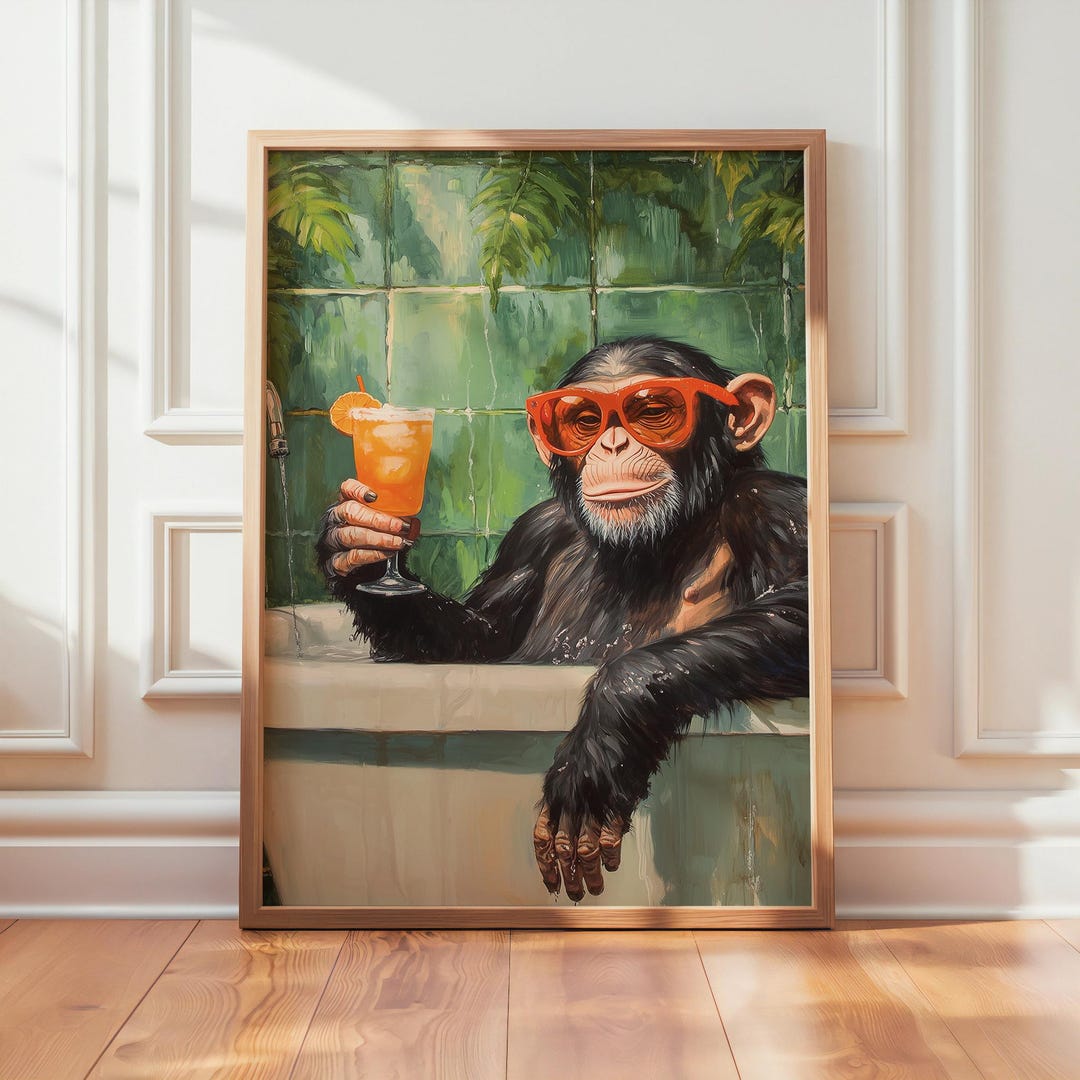 Funny Chimpanzee in Bathtub Art Print, Cocktail Wall Art Digital ...