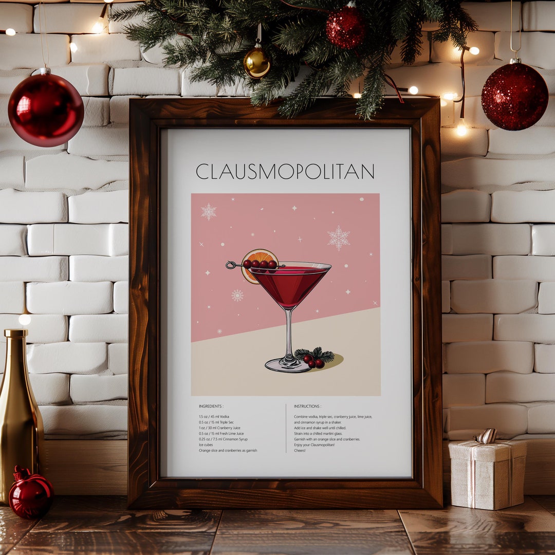 Digital Clausmopolitan Cocktail Poster, Christmas Drink Recipe Art ...