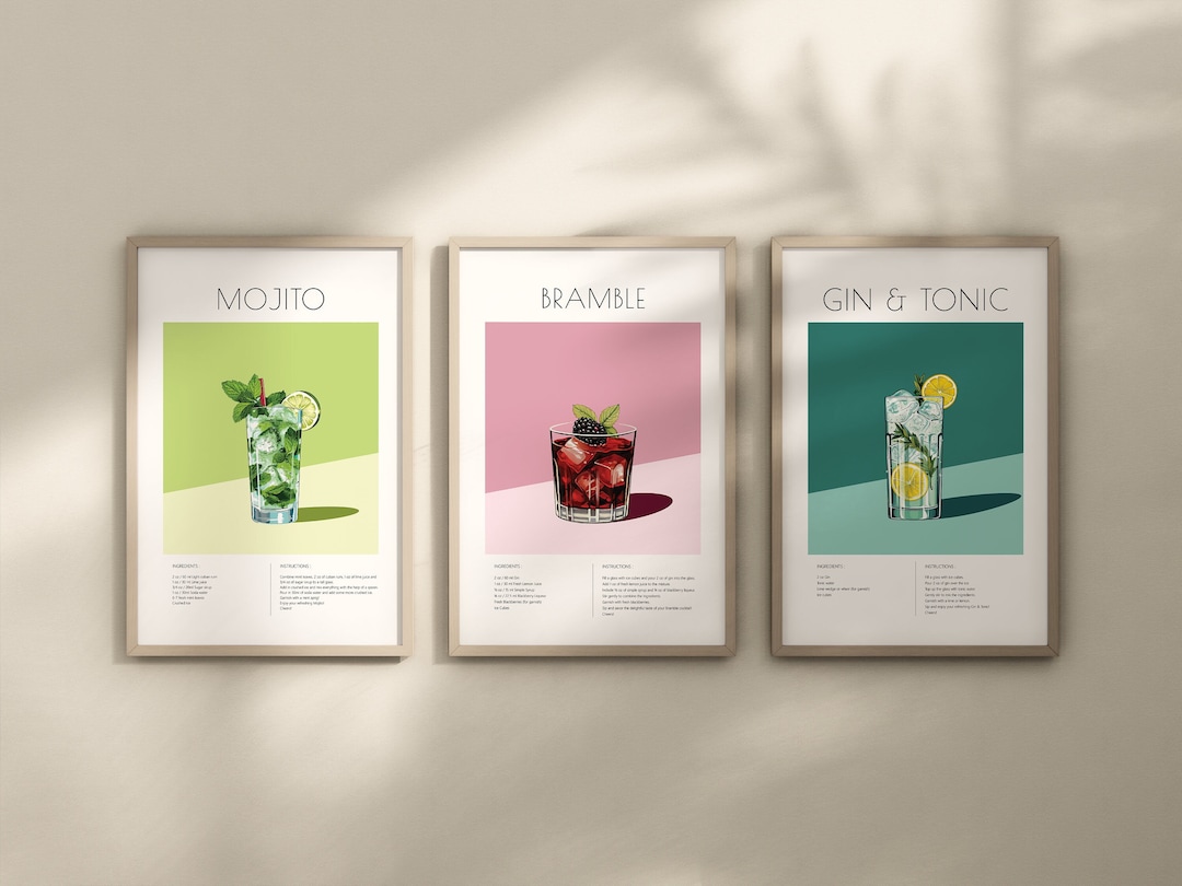 Cocktail Printouts, Set of 3 Posters, Bar Cart Decor, Cocktail Guide ...