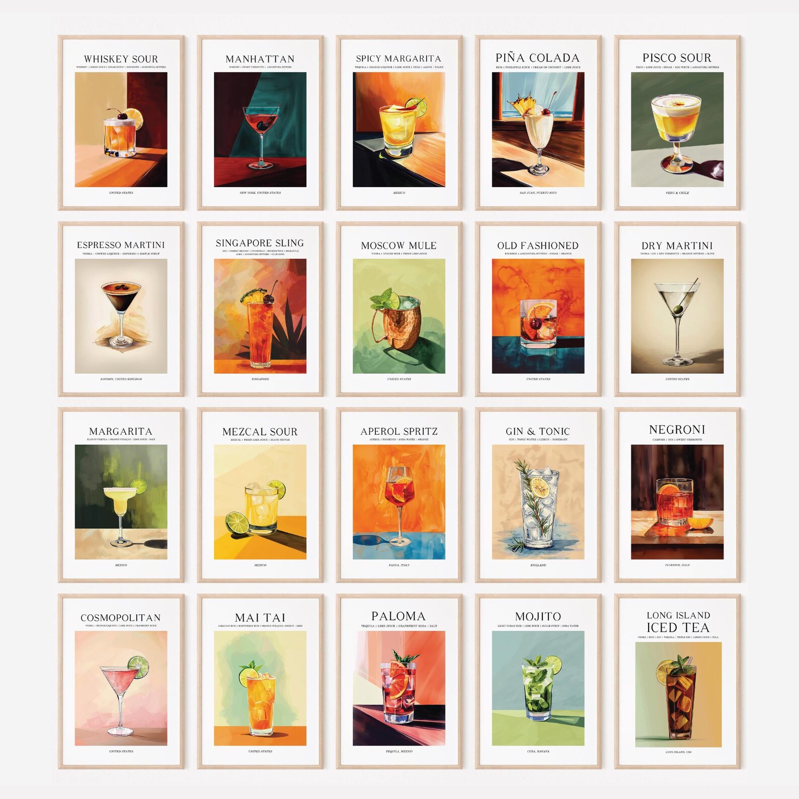 20 Cocktail Poster Set, Digital Bar Cart Wall Art, Printable Classic ...