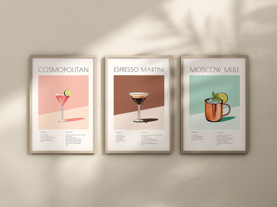 Minimalist Cocktail Recipe Set of 3 – Kitchen Bar Prints, Cosmopolitan ...