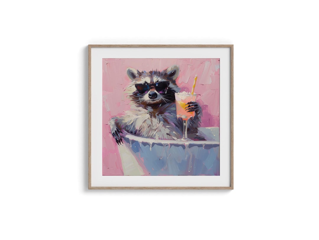Raccoon Digital Art Print, Square Raccoon Artwork, Pink Raccoon ...