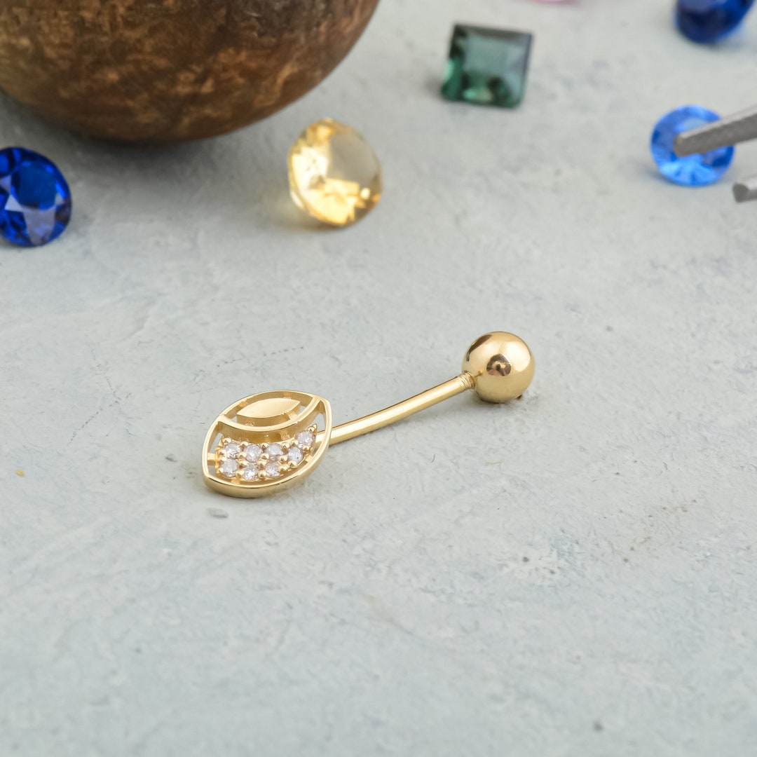 14K Solid Gold Belly Button Ring, Diamond Navel Piercing Jewellery ...