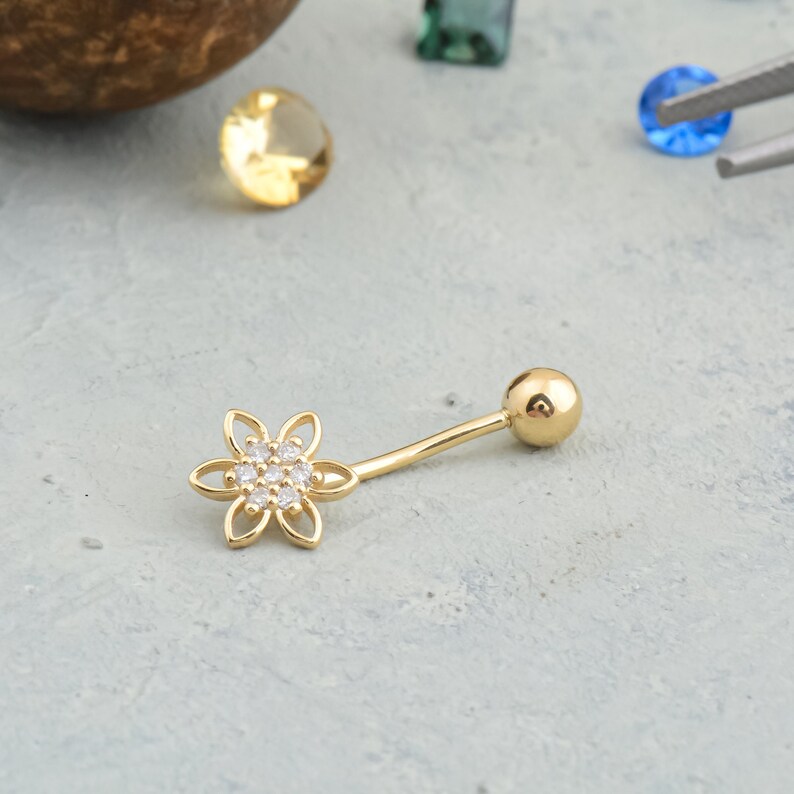 14K Gold Belly Button Ring, Diamond Navel Piercing Jewellery, Dainty ...