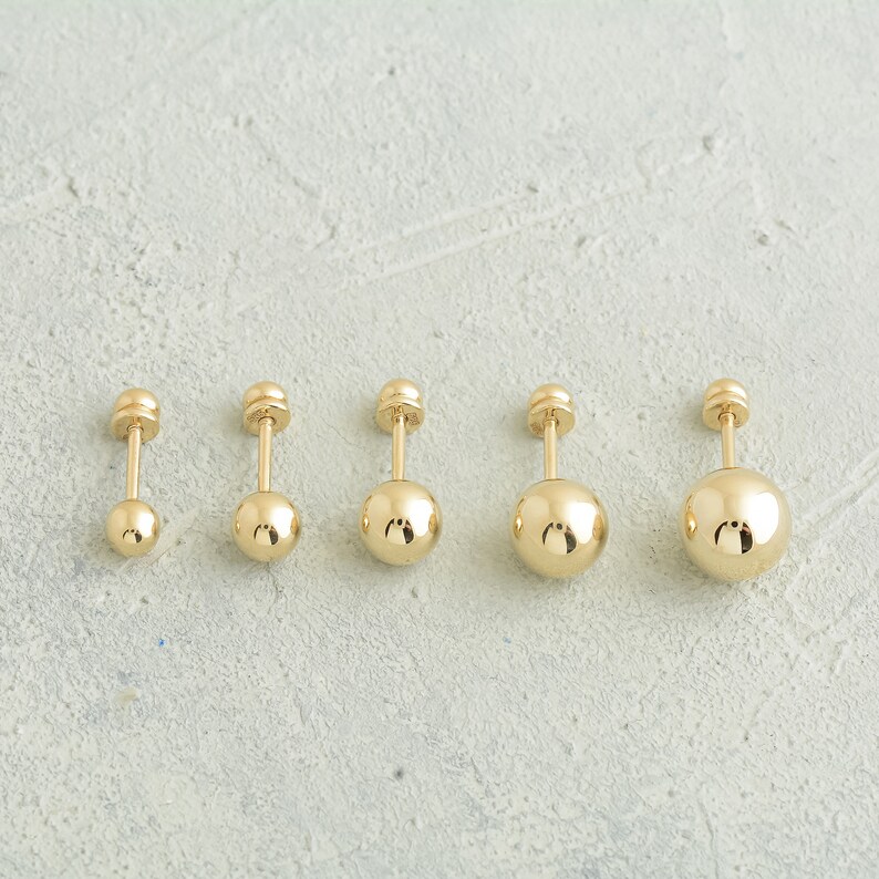 14K Solid Gold Ball Stud Earrings, Golden Ball Earrings, Puff Ball ...