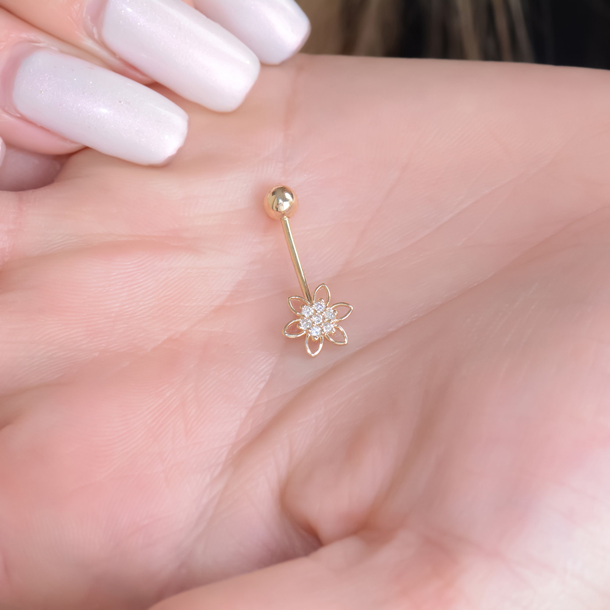 14K Gold Belly Button Ring, Diamond Navel Piercing Jewellery, Dainty ...