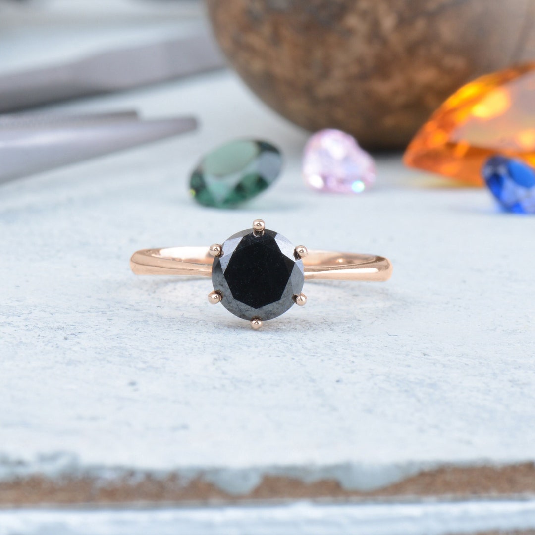 Solitaire Black Diamond Engagement Ring, Solid Gold Handmade Round ...