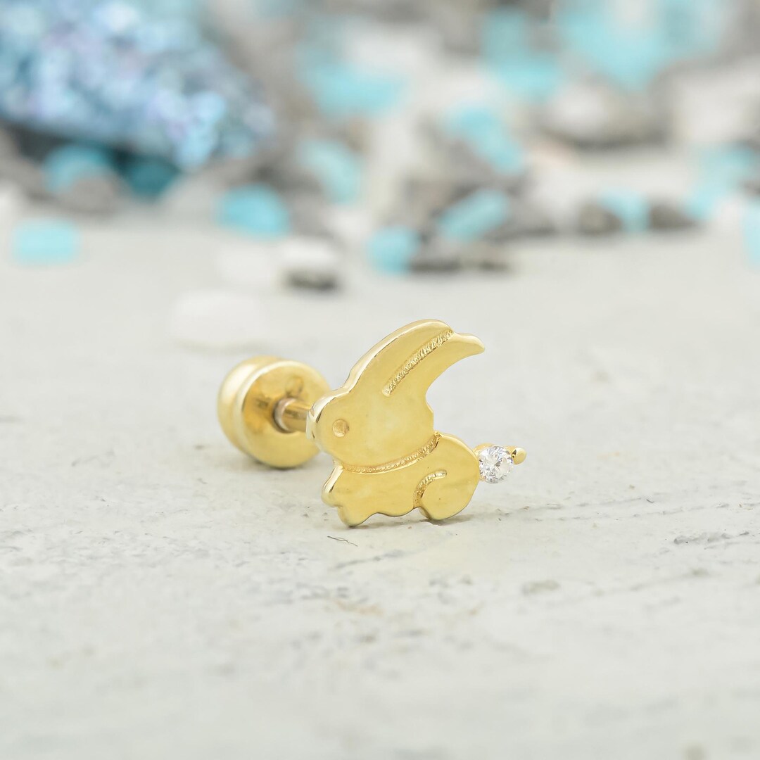 14K Solid Gold Tiny Diamond Rabbit Stud Earring, Rabbit Screw Back ...
