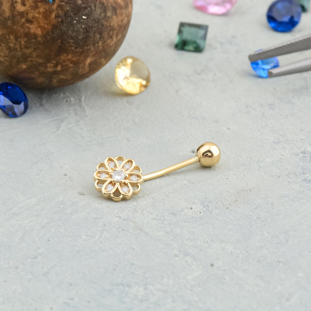 14K Gold Belly Button Ring, Diamond Navel Piercing Jewellery, Dainty ...