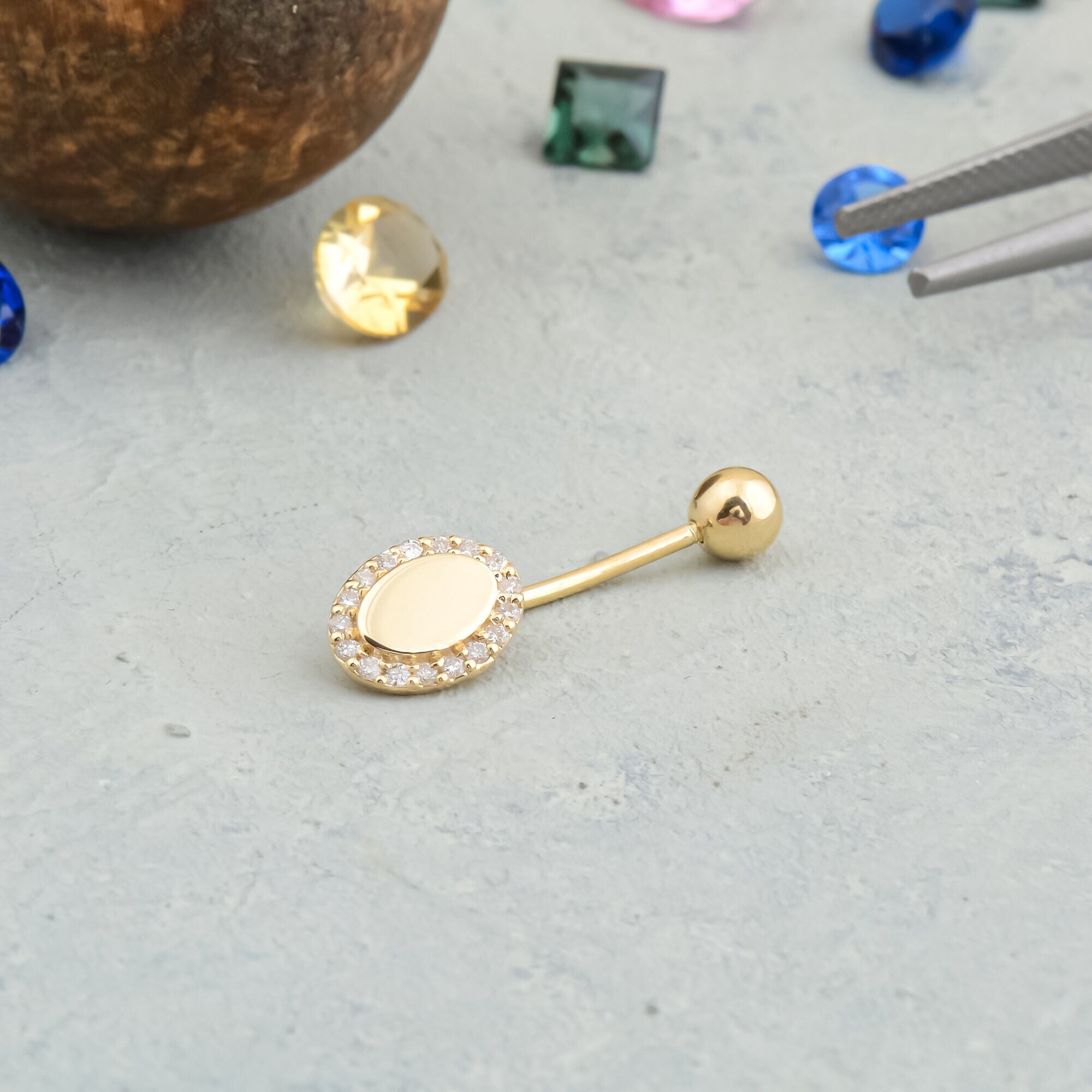 14K Solid Gold Belly Button Ring Diamond Navel Piercing - Etsy