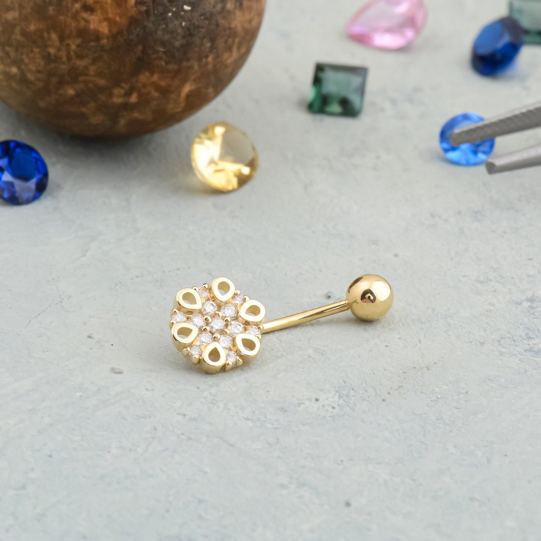 14K Solid Gold Belly Button Ring, Diamond Navel Piercing Jewellery ...