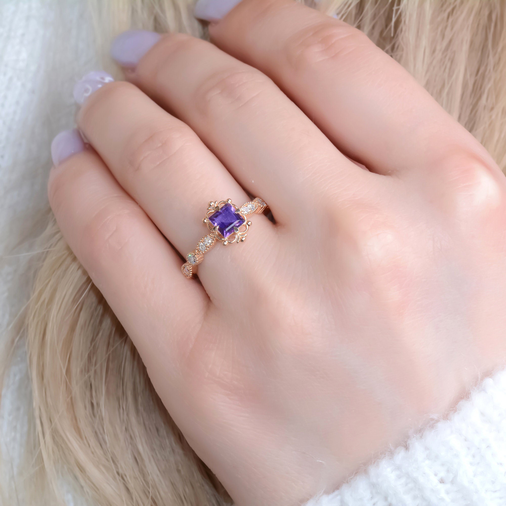 Amethyst Engagement Ring, Solid Gold Handmade Cushion Shape Amethyst Ring, Solid Gold Diamond ...