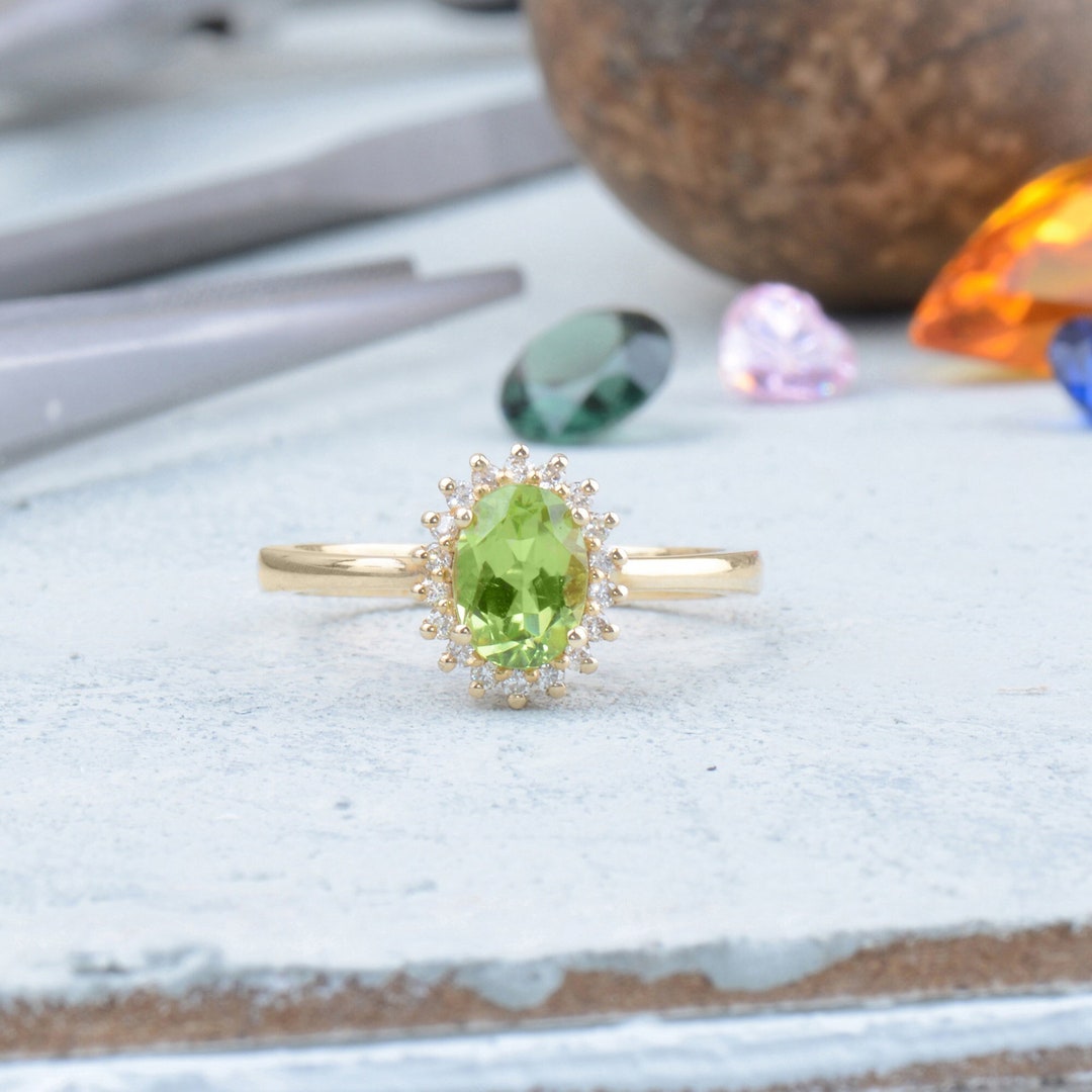 Peridot Engagement Ring Solid Gold Handmade Oval Shape Green Peridot ...