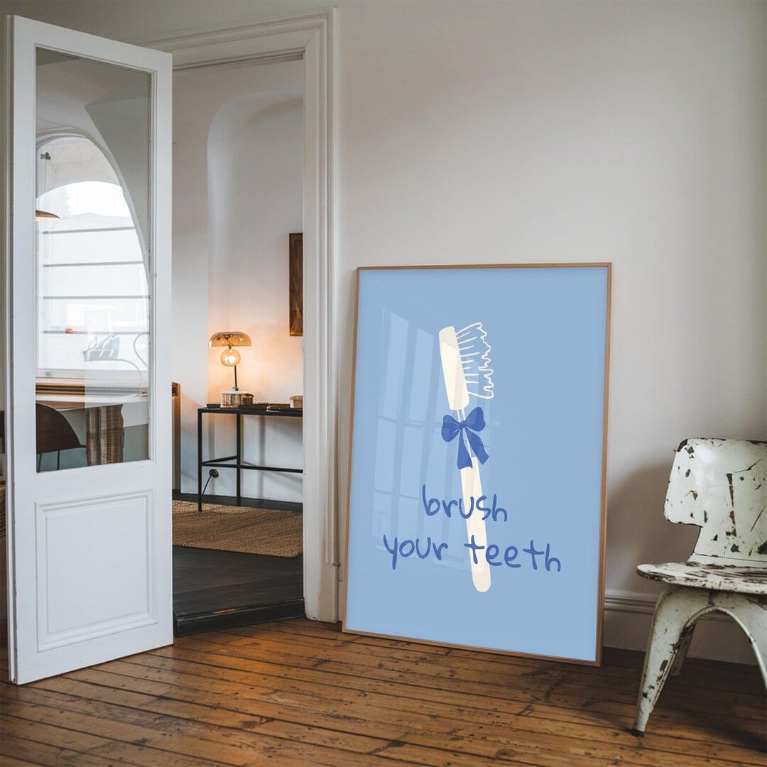 Brush Your Teeth Printable, Sky Blue Bathroom Wall Art, Cute Blue Bow ...