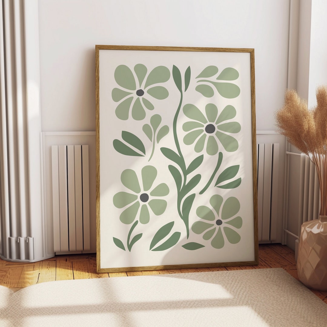 Pastel Sage Green Flower Print, Aesthetic Floral Printable Wall Art ...