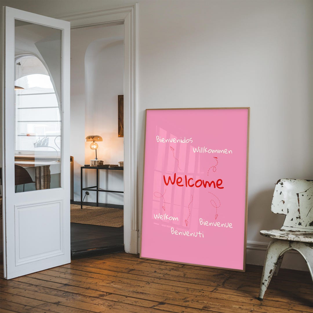 Pink and Red Greeting Sign, Multilingual Welcome Wall Art, Entryway ...