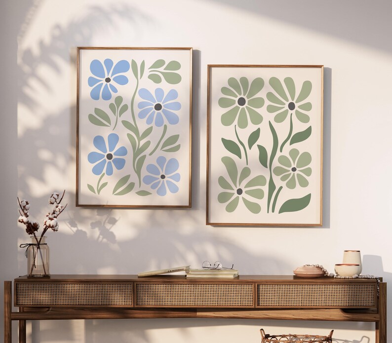 Sage Green and Sky Blue Flower Poster, Floral Nursery Decor, Set of 2 ...