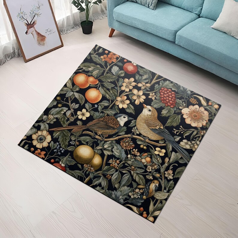 Whimsical Woodland Bird Area Rug, Dark Cottagecore Birds Floral Carpet ...
