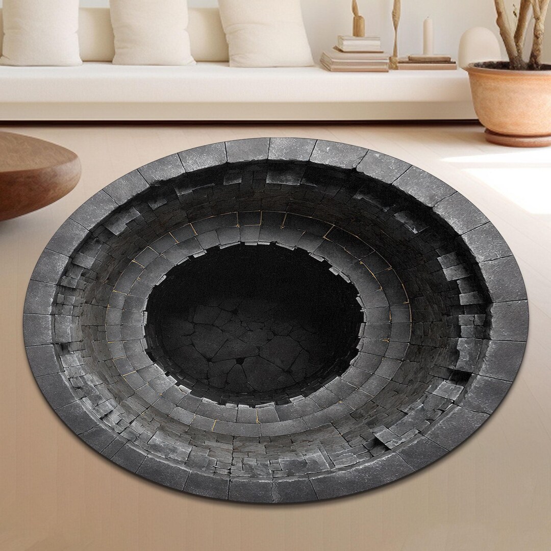 3D Stone Well Illusion Rug, Rustic Stone Pit Printed Rug, Medieval Well ...