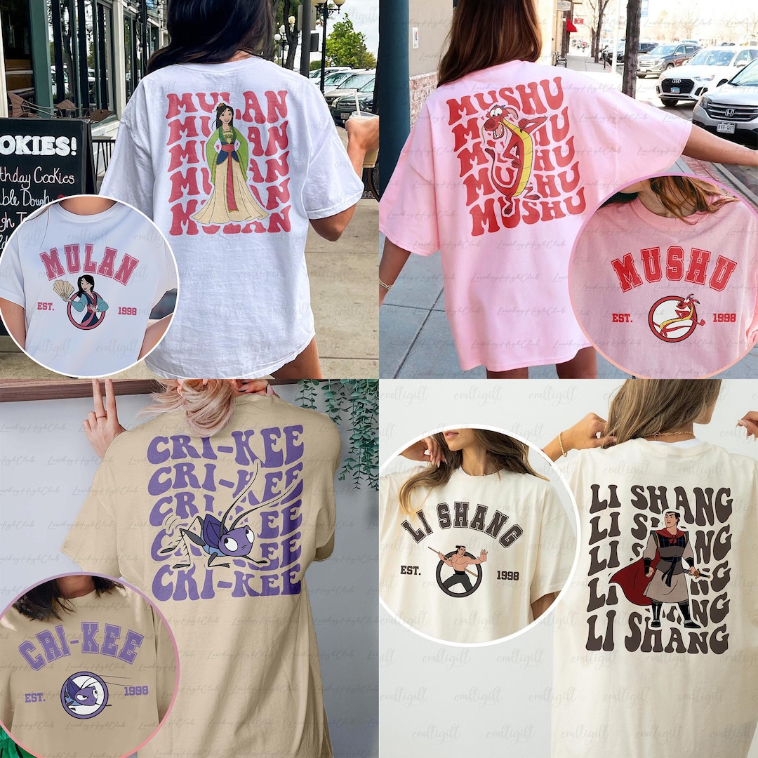 Disney Mulan Characters 2 Sided Shirt, Mulan Li Shang Mushu Crikee ...